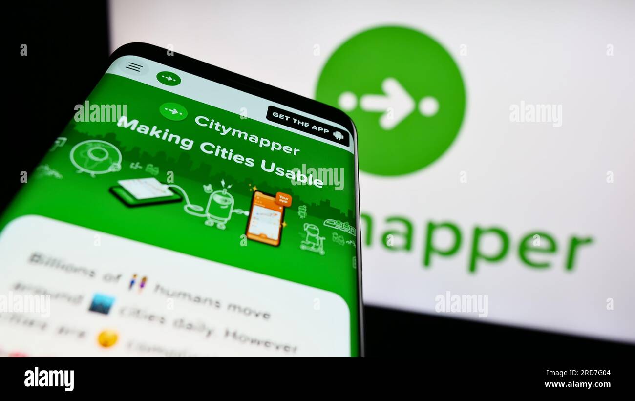 Mobile phone with webpage of public transit app company Citymapper ...