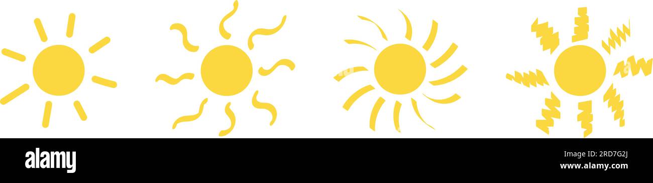 Variety of suns set. Simple yellow sun icon. Summer sunshine in a ...