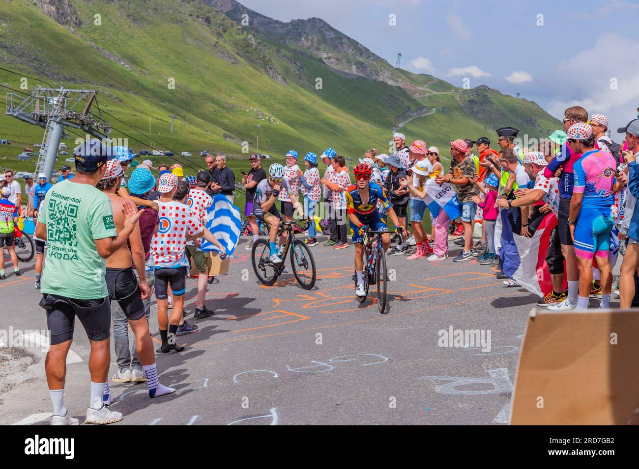 Col du Tourmalet, France - July 06 2023: Riders climbig the road to Col ...