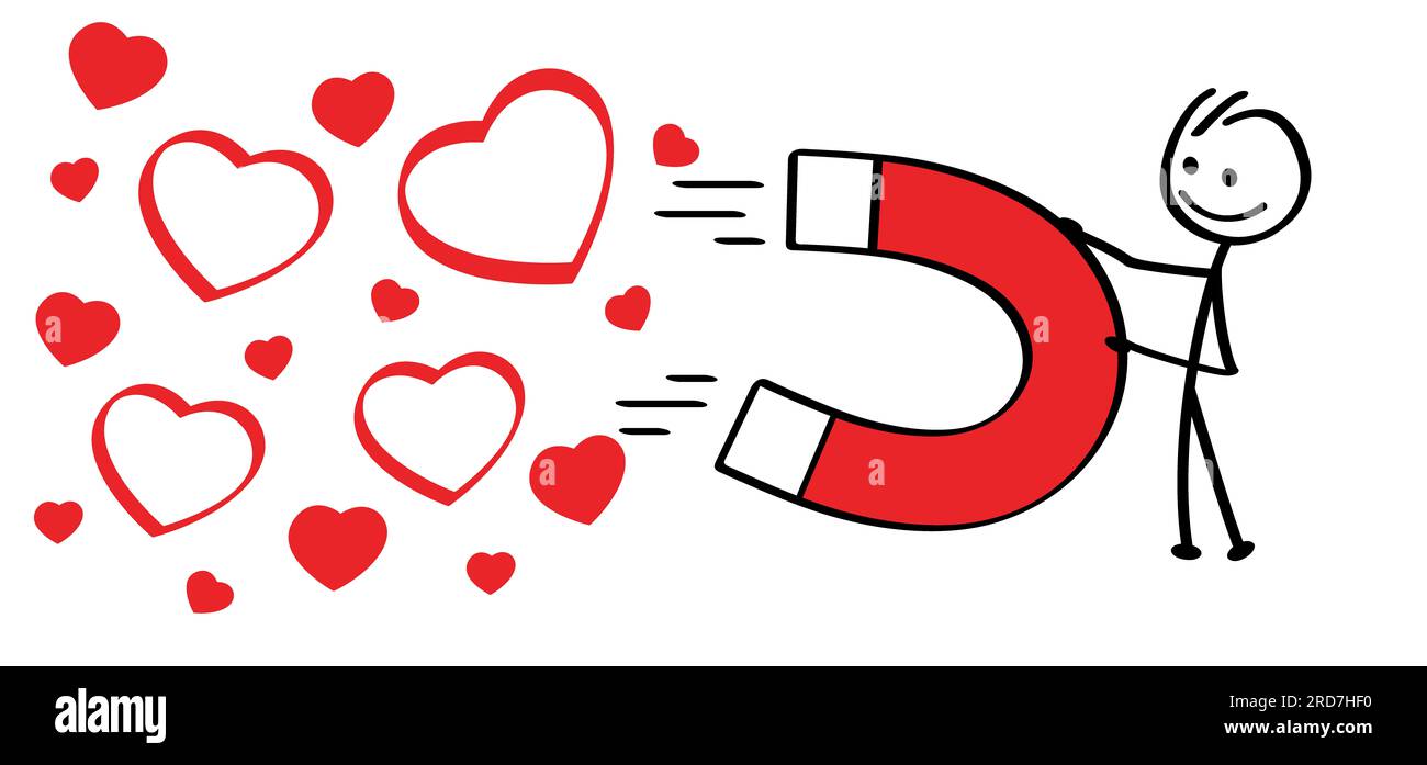 Cartoon magnetic to love. Stickman in love, romance. Drawing, figures ...