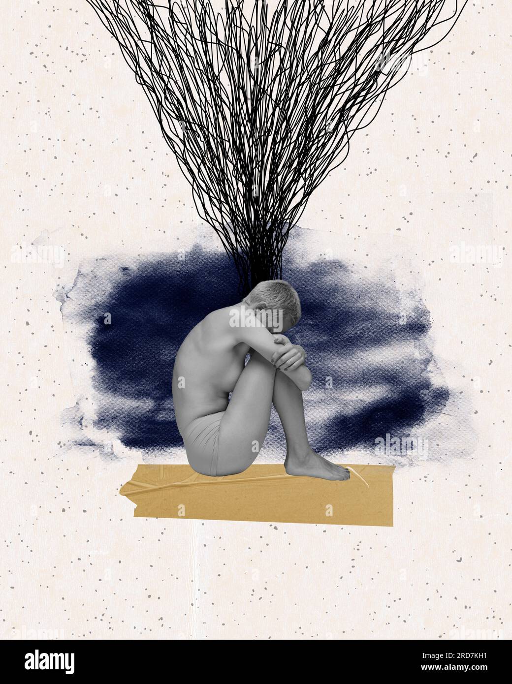 Young woman sitting in depression and sadness. Feeling lonely and ...