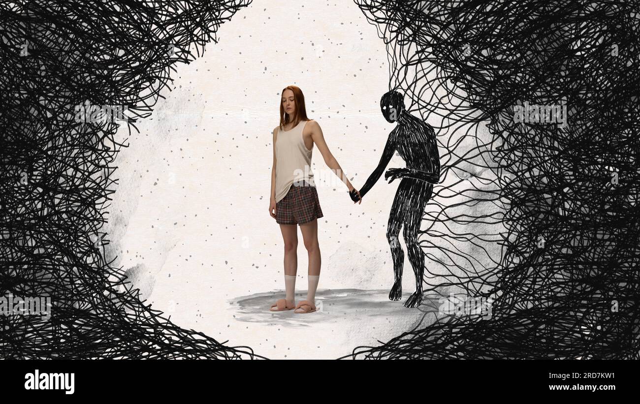 Young depressed, tired, stressful woman suffering from darkness and ...