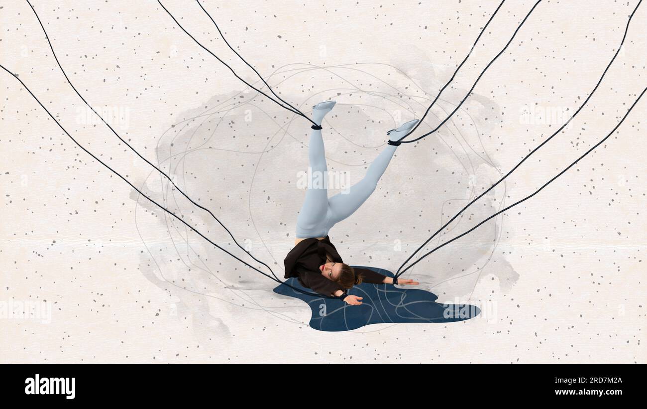Social manipulation. Young woman with strings suffering from social ...