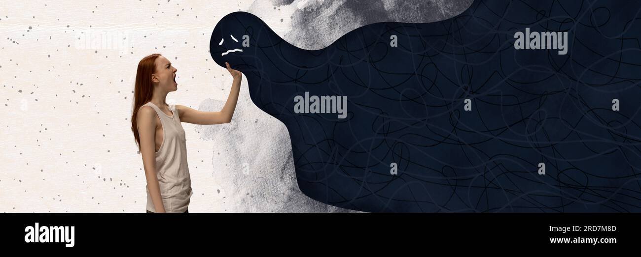 Anger and irritation. Young womanhavng mental problems with expression ...