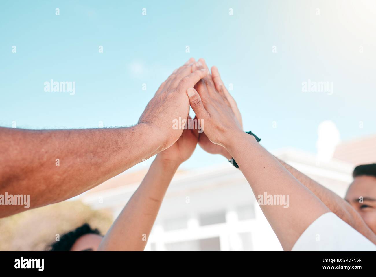 Business people, high five and hands in support of partnership, success or deal celebration ...