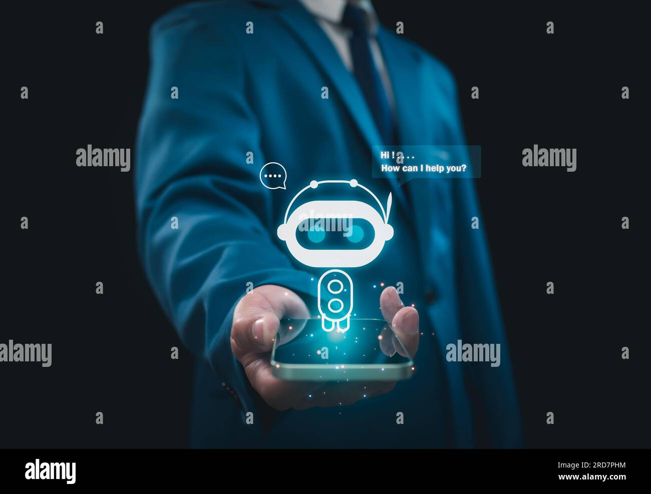 Businessman holding hologram digital chatbot, robot application ...