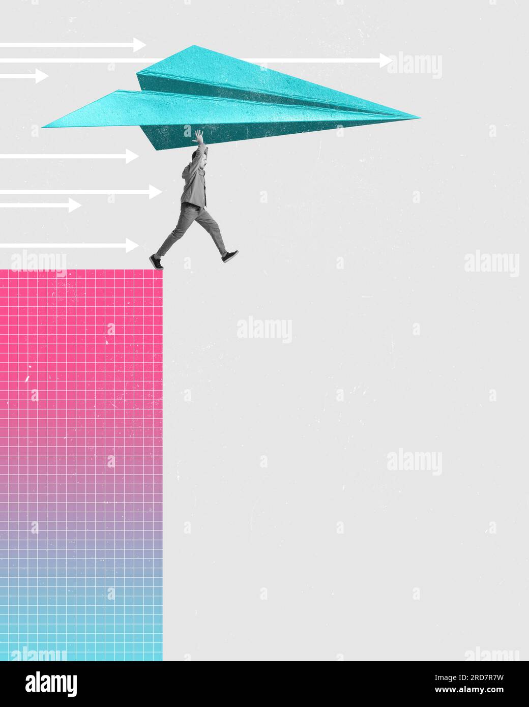 Contemporary art collage. Young motivated man, employee taking risks in ...