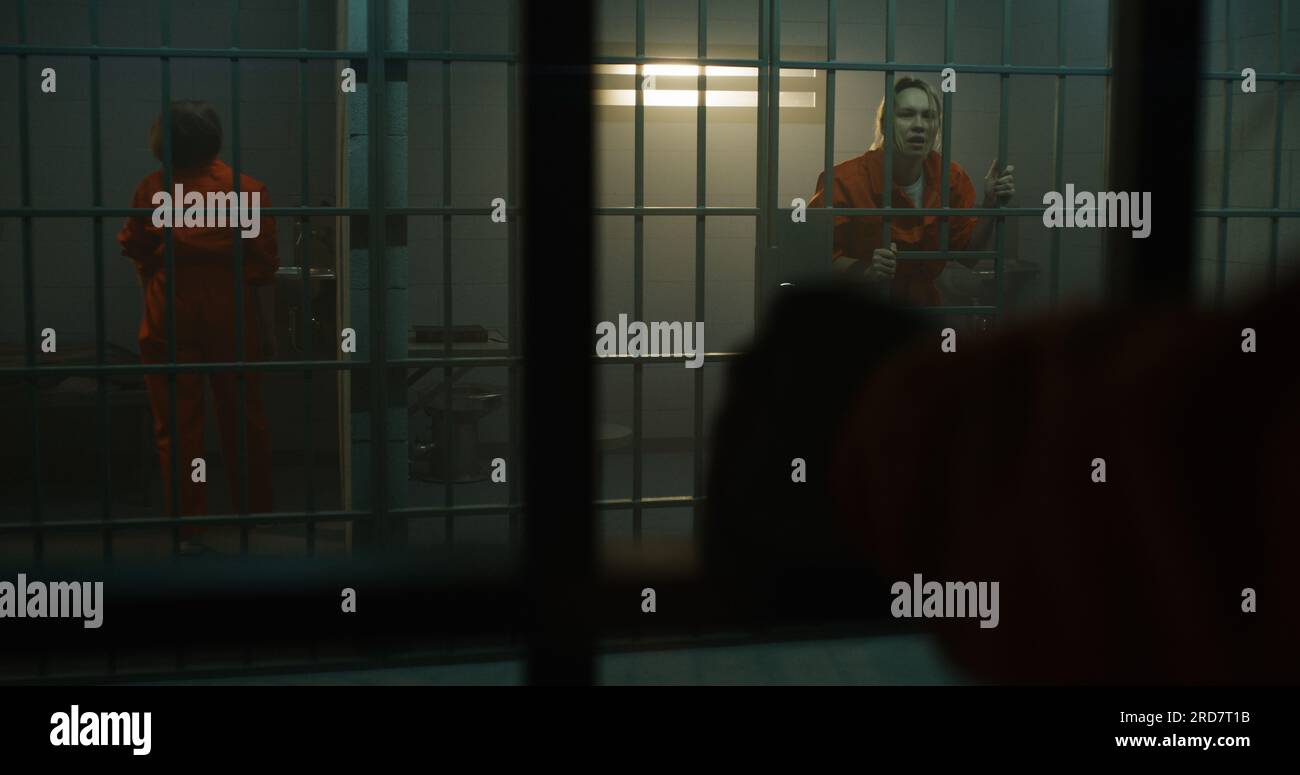 Insane female prisoner in orange uniform yells at neighbor inmate ...