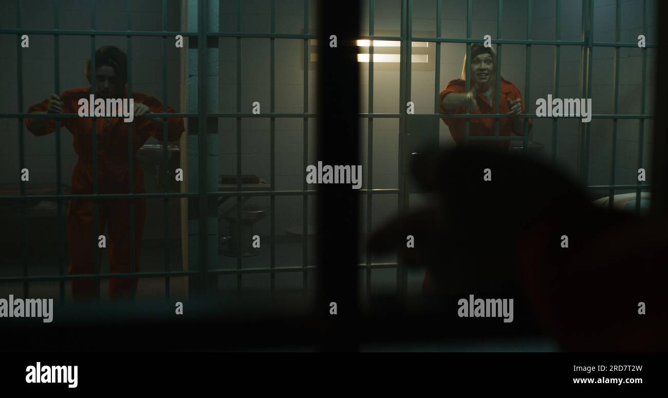 Insane female prisoner in orange uniform yells at neighbor inmate ...