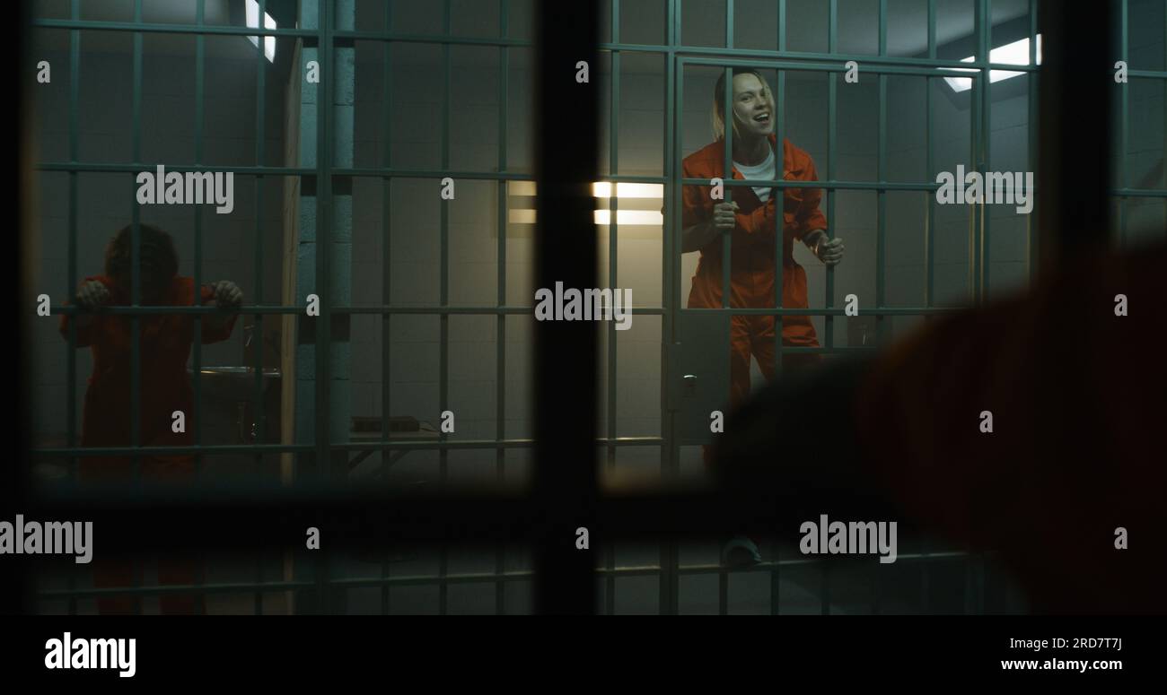 Insane female prisoner in orange uniform yells at neighbor inmate ...