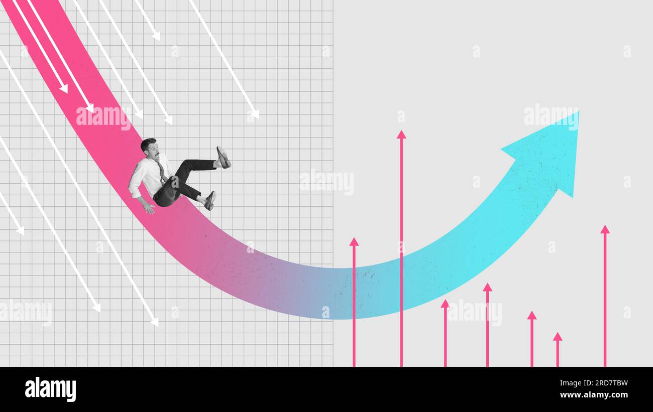 Emotive businessman a sliding on analytical arrow. Fears. Taking risks ...