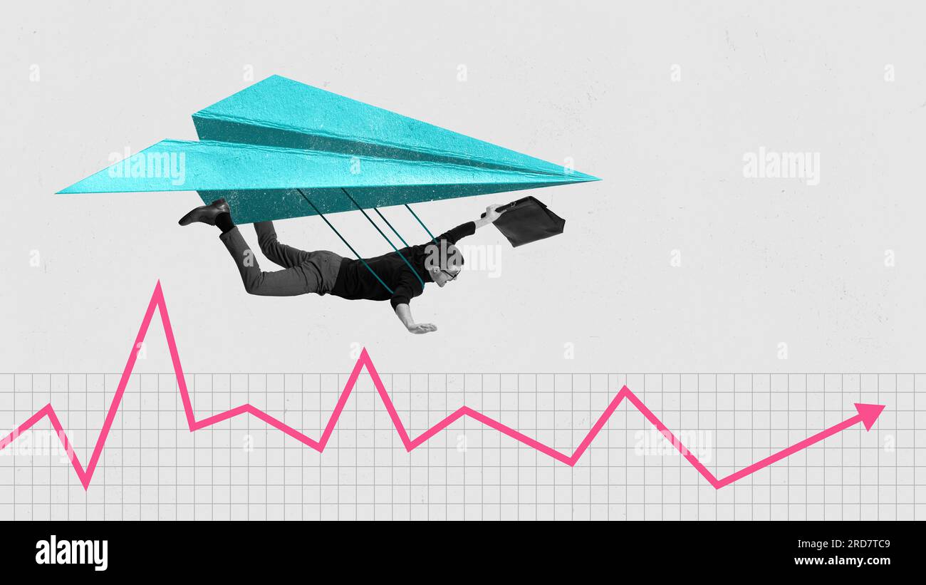 Contemporary art collage. Young businessman flying with paper airplane ...