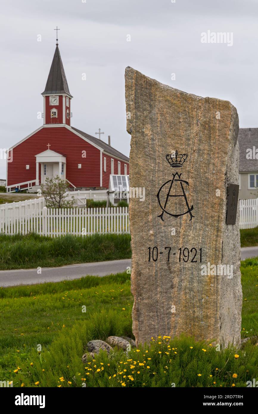 Commemorative plaque stone monument by the Church of Our Saviour, Nuuk ...