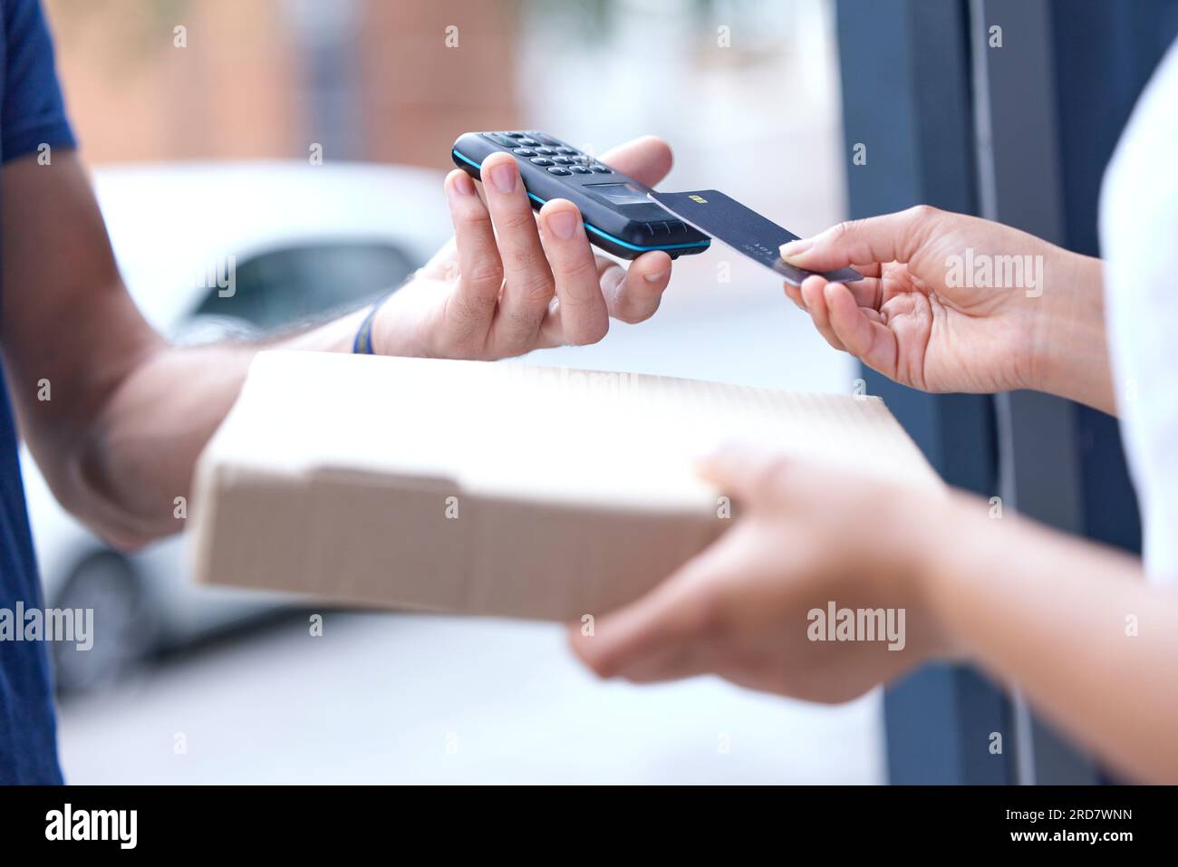 Card machine, courier and people hands with online payment, digital finance service and ...