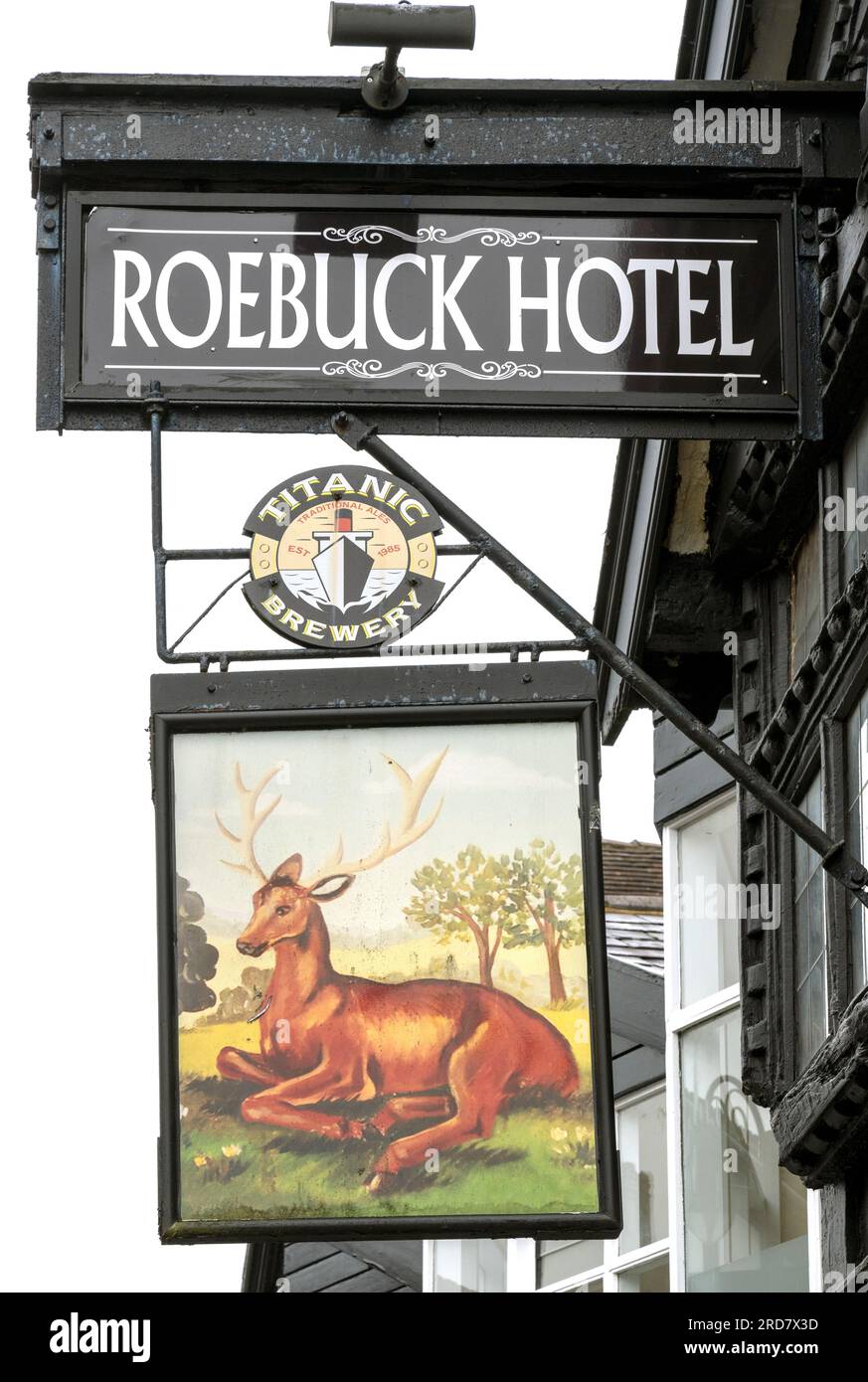 Traditional hanging pub sign at The Roebuck public house, Derby Street ...