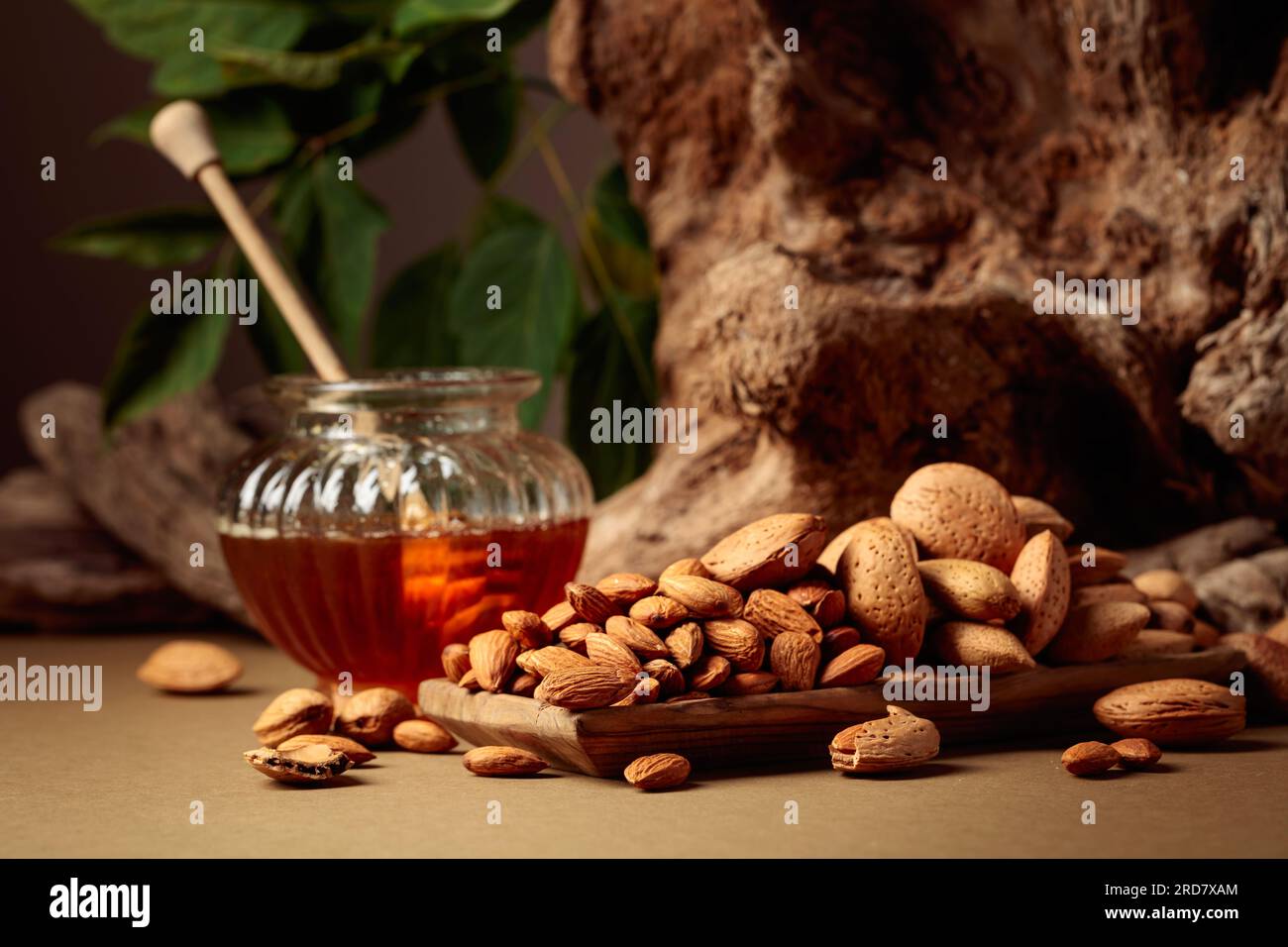 Almond nuts in a wooden dish and honey in a glass jar. Still life with ...