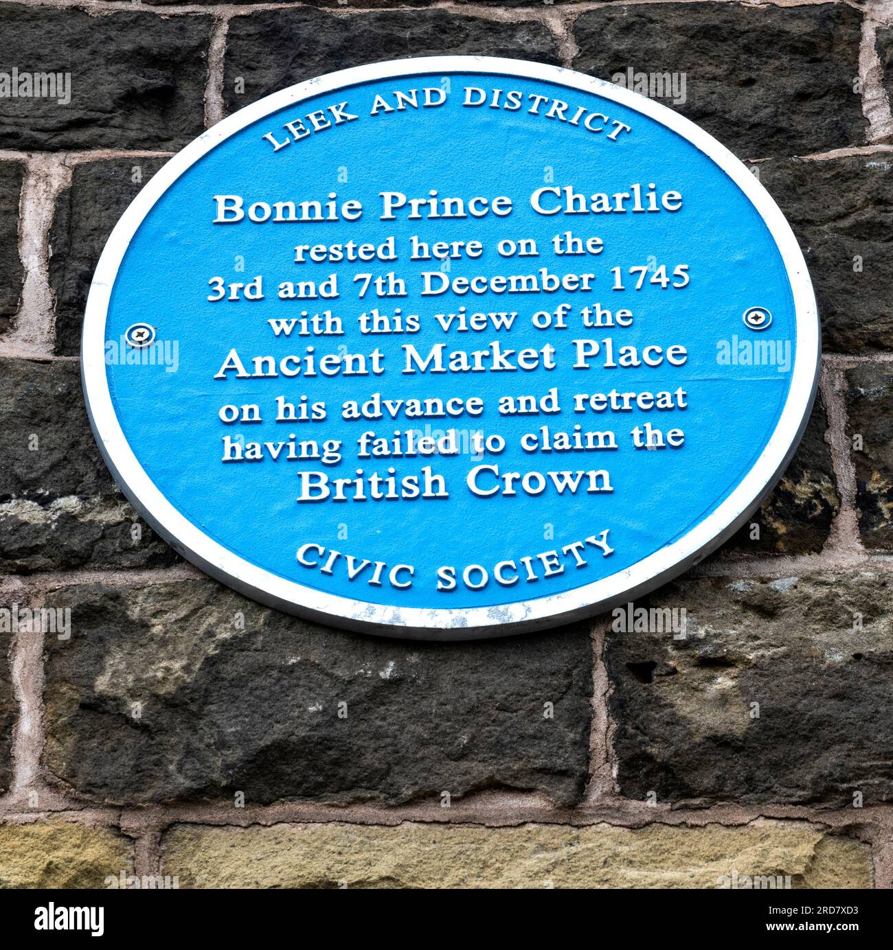 Leek and District Civic Society blue plaque commemorating Bonnie Prince ...