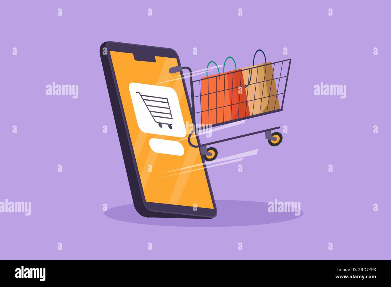 Cartoon flat style drawing shopping cart out of smartphone. Sale ...