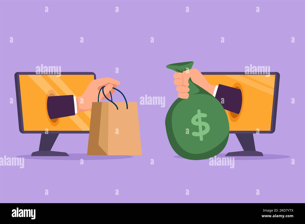 Cartoon flat style drawing two hands out of monitor screen to exchange ...