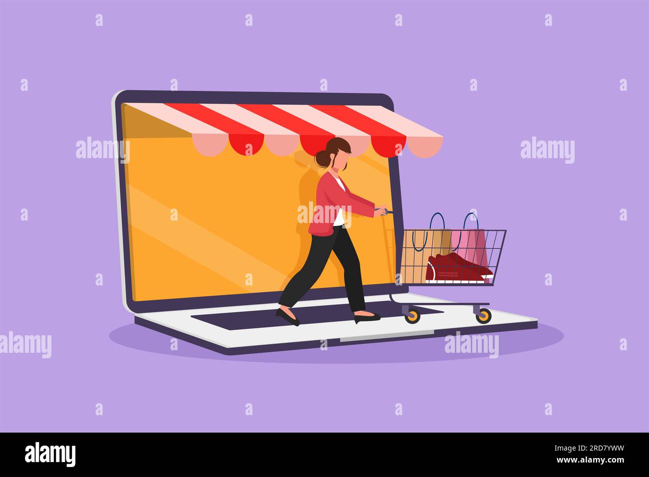 Character flat drawing beautiful woman coming out of laptop screen and ...