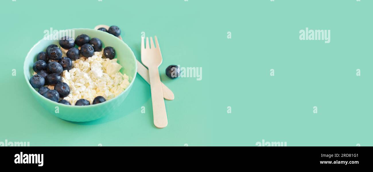 Deep plate with cottage cheese and blueberries on a turquoise ...