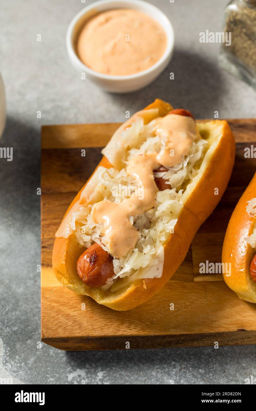 Homemade Kansas City Style Reuben Hot Dog with Sauerkraut Stock Photo ...
