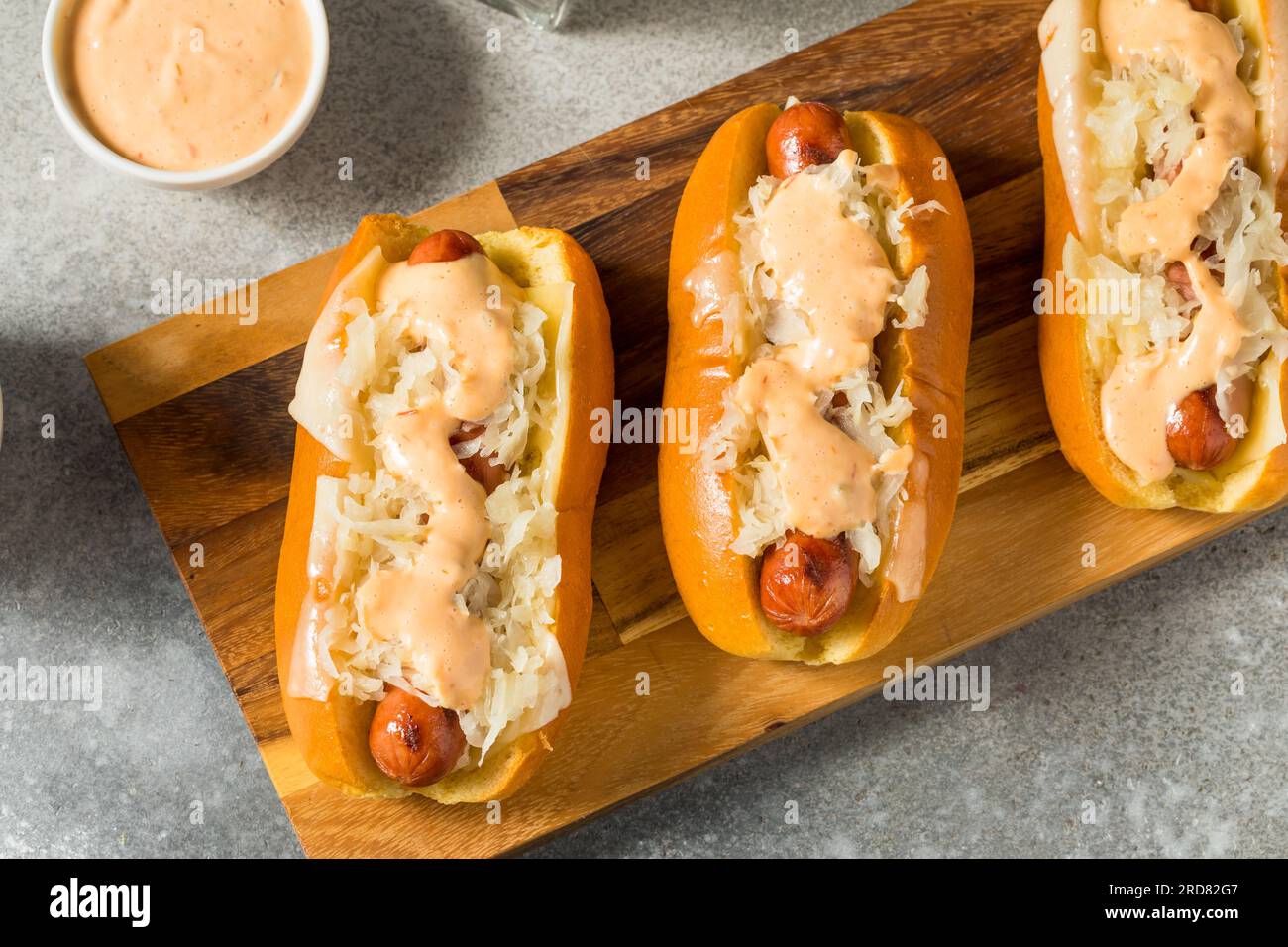 Homemade Kansas City Style Reuben Hot Dog with Sauerkraut Stock Photo ...