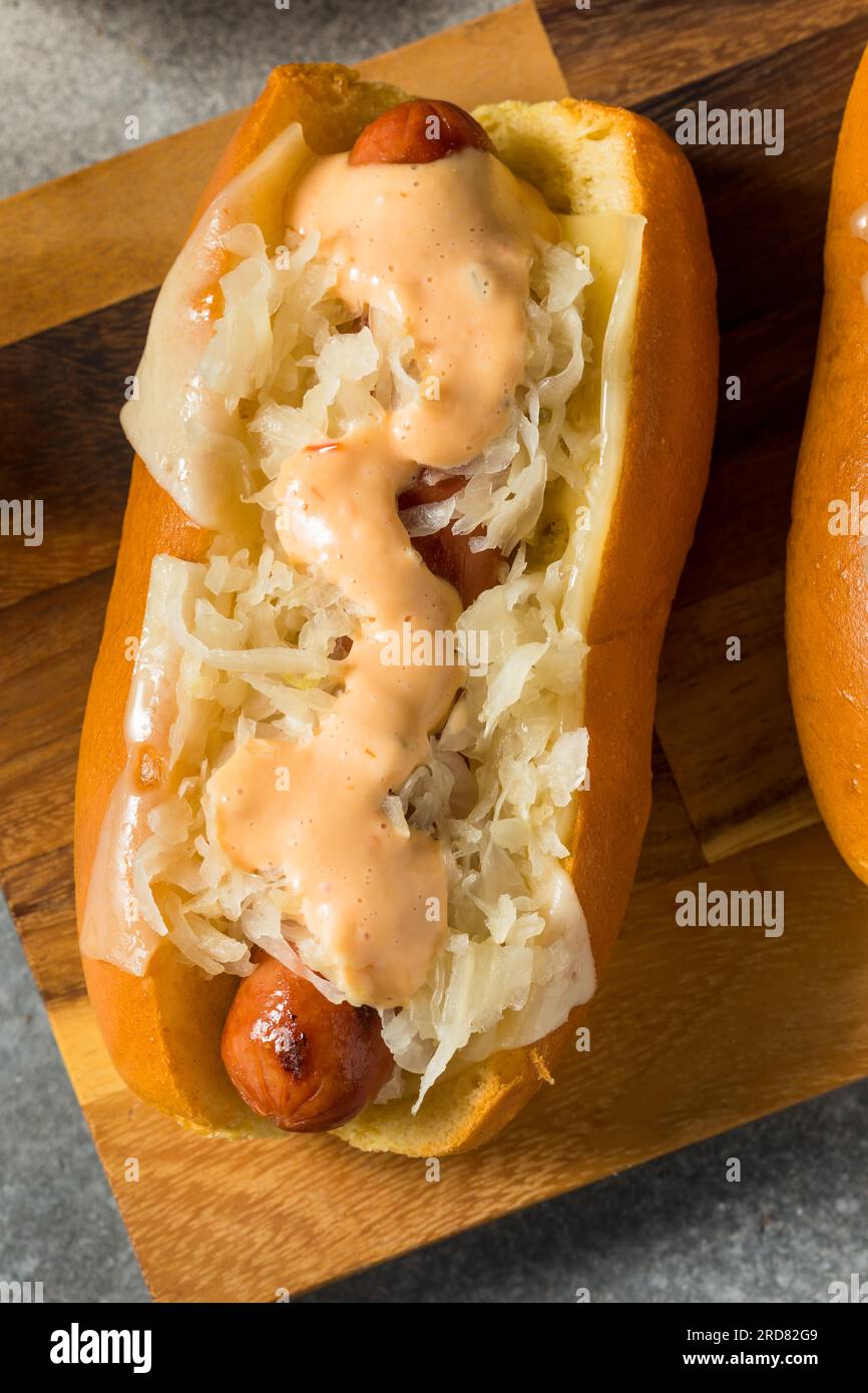 Homemade Kansas City Style Reuben Hot Dog with Sauerkraut Stock Photo ...