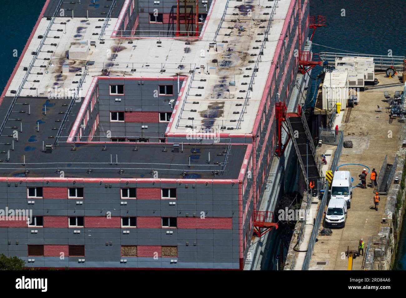 PORTLAND, ENGLAND – JUL 20 2023: Bibby Stockholm barge from above ...