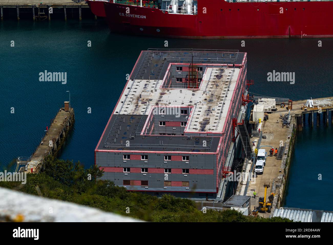 PORTLAND, ENGLAND – JUL 20 2023: Bibby Stockholm barge from above ...