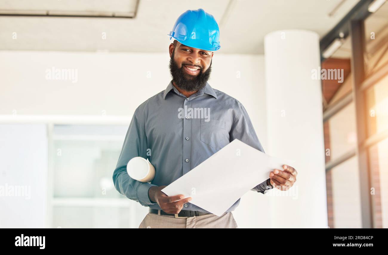 Architecture man, portrait and floor plan in office construction ...