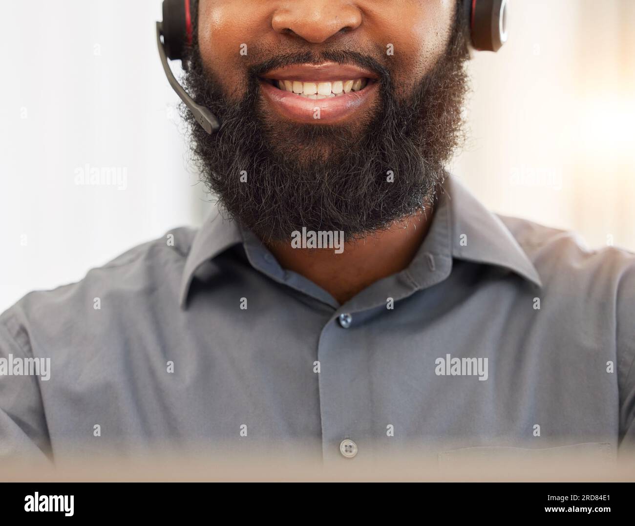 Face, mouth of black man and call center, headset with mic and customer ...
