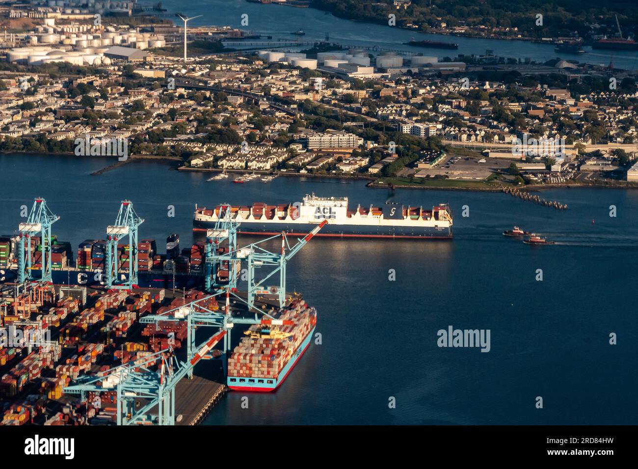 Aerial view of a freighter, cargo containers, Newark Bay, Panamax ...