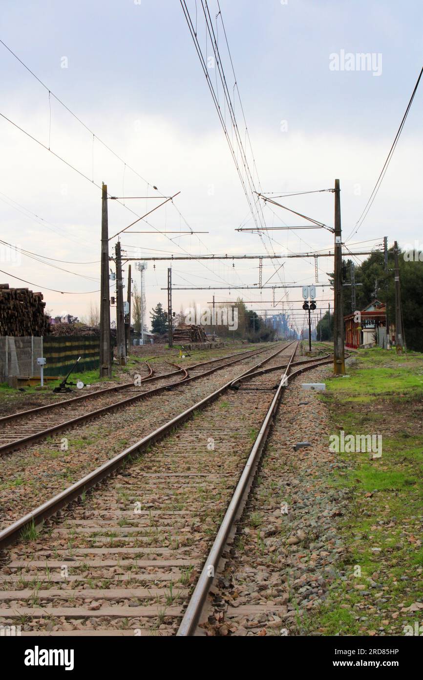 Rural landscape with railway line and old station in Molina, Maule ...