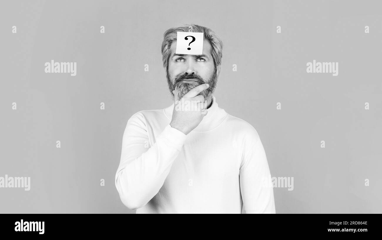 Beard man question mark in head, solution problems. Thinking man with ...