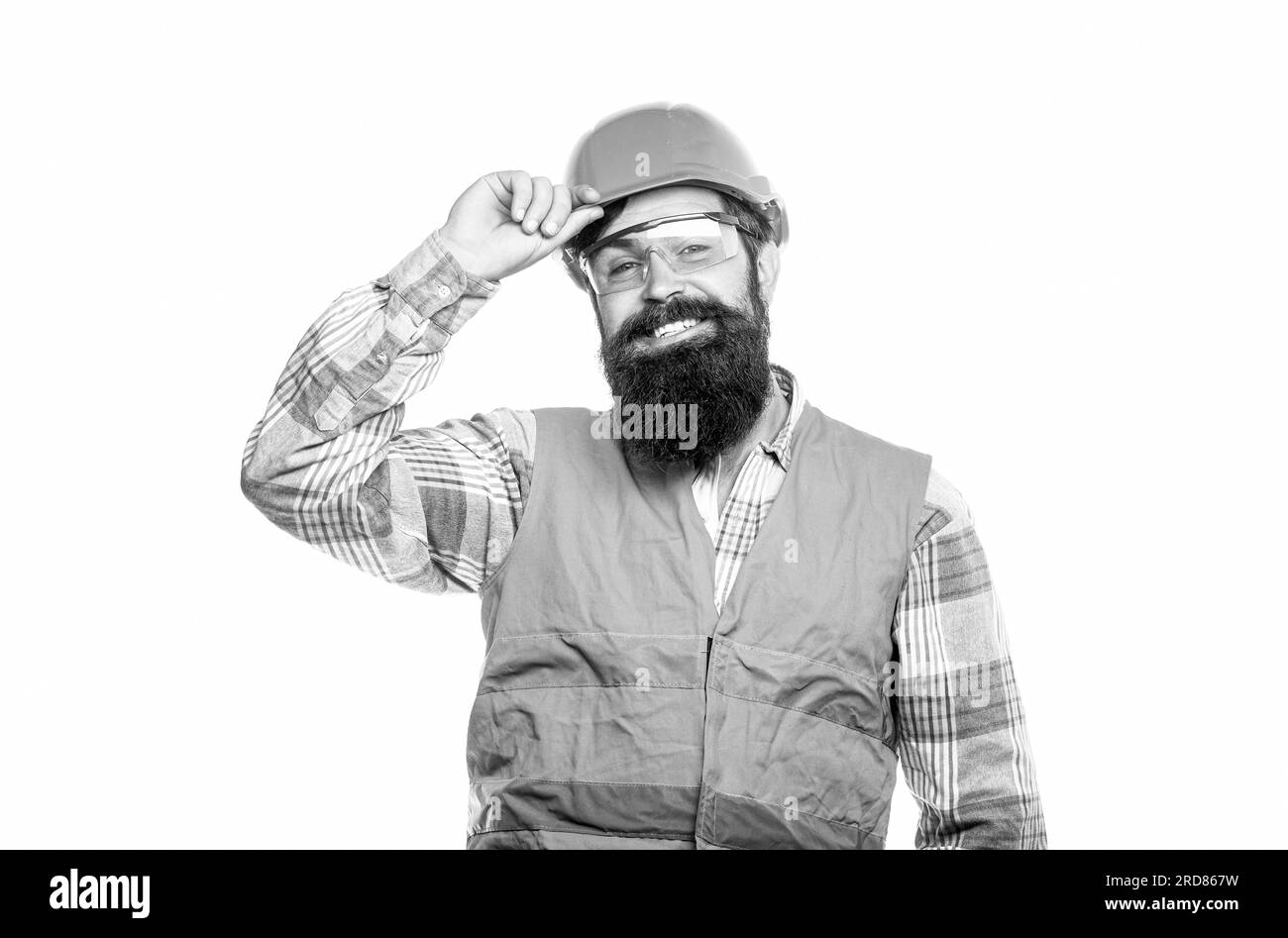 Building glasses. Portrait of a builder smiling. Builder in hard hat ...