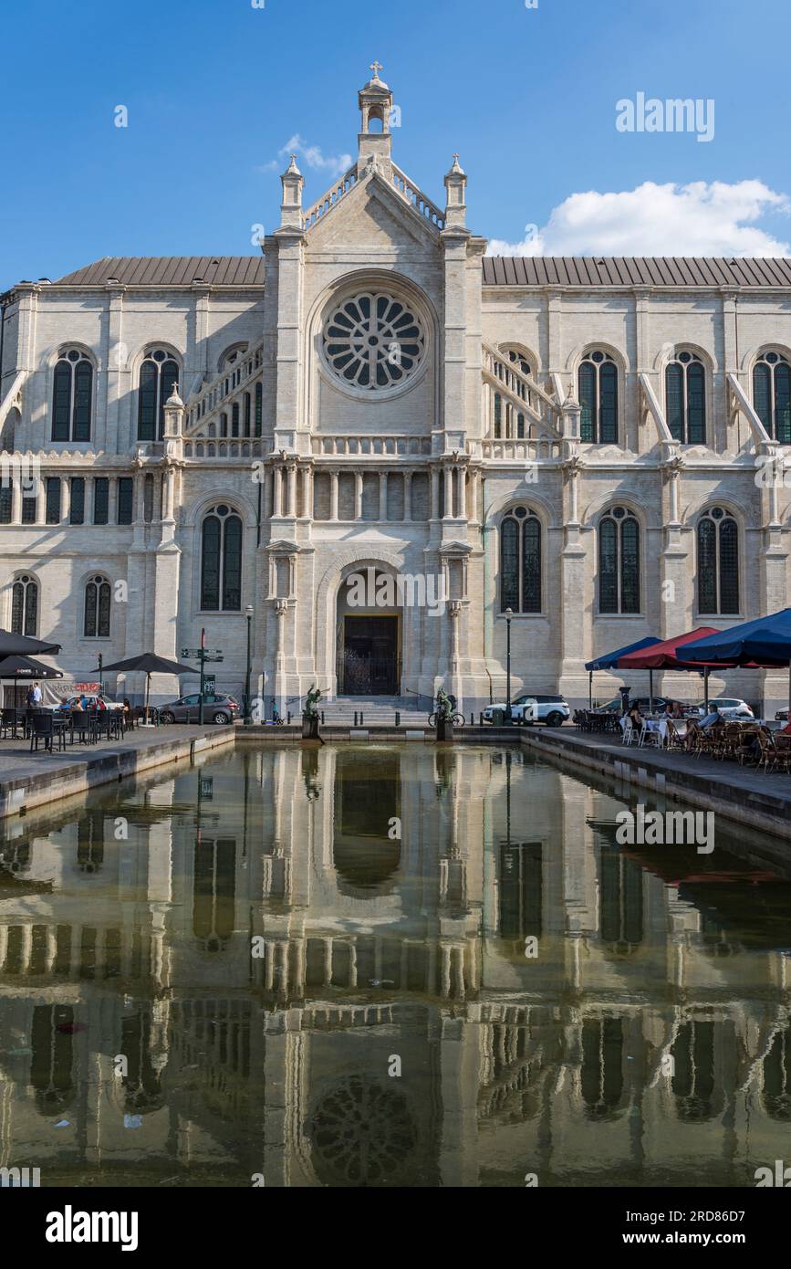 Church of Saint Catherine,19th century Victorian church reflected in a pool, Brussels, Belgium ...