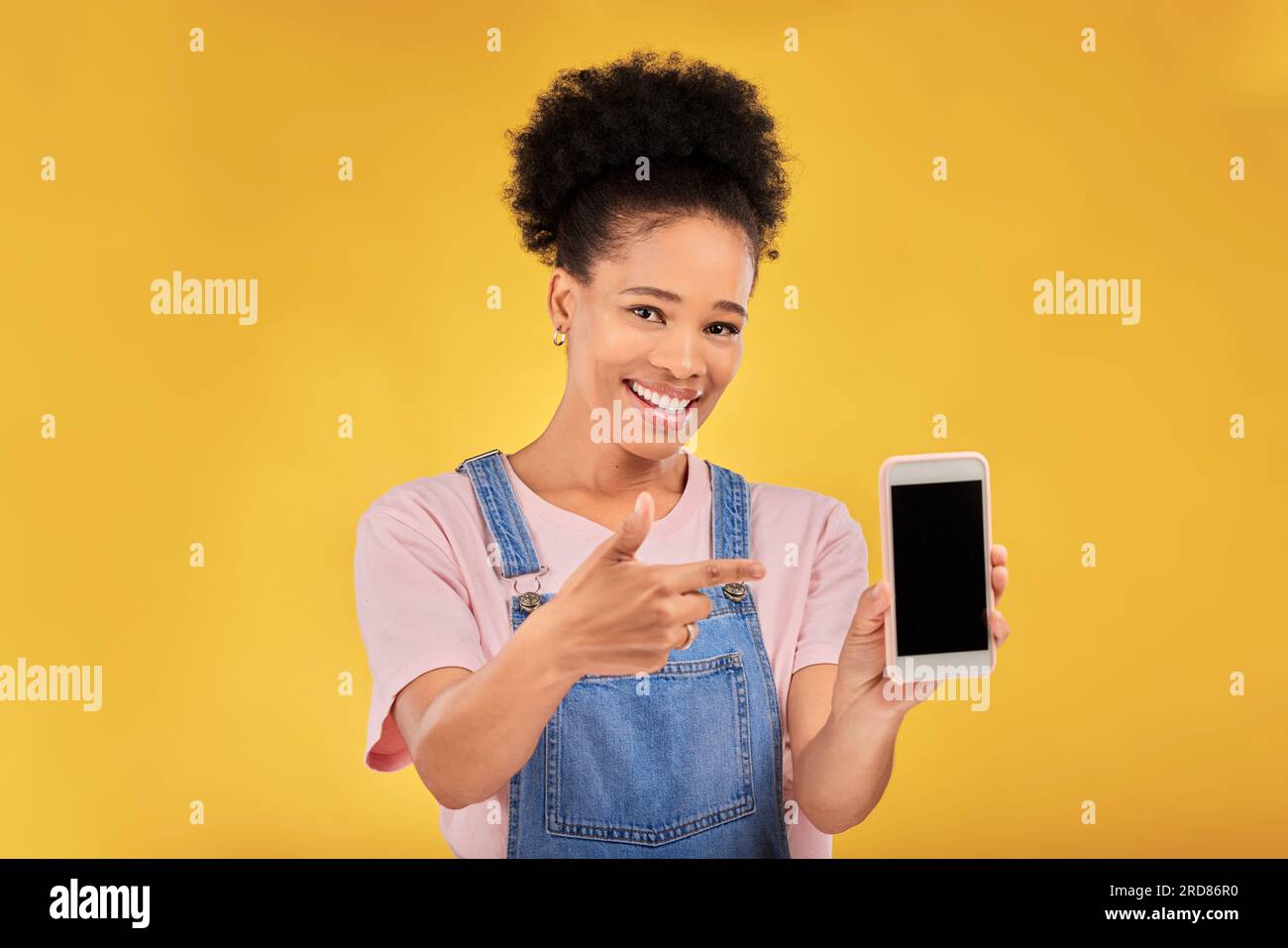 Phone screen, portrait and woman presentation, mockup information or e ...