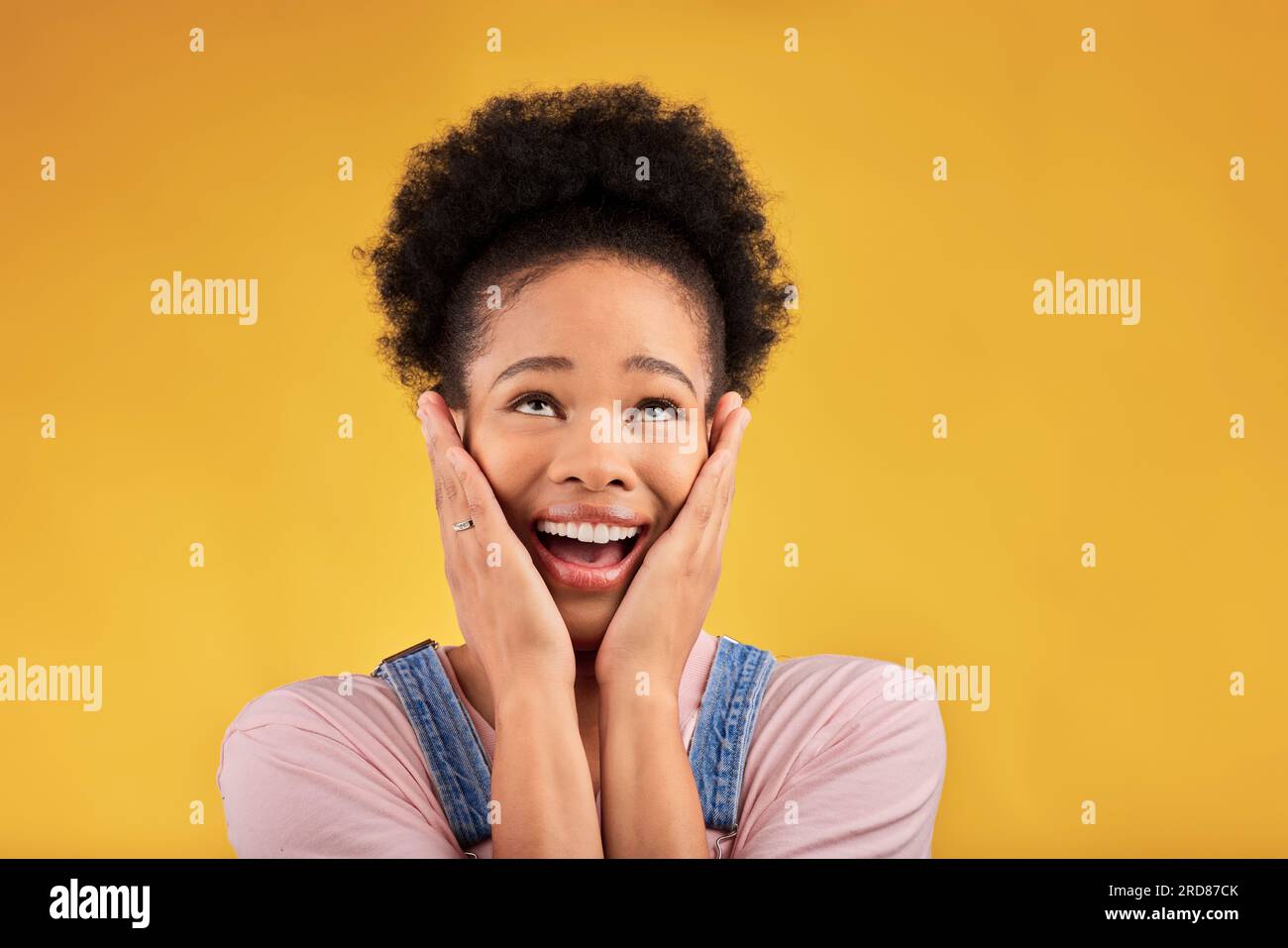Thinking, surprise and woman with a smile, excited and expression on a ...