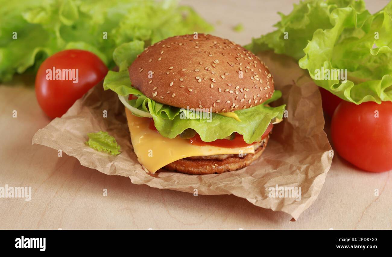 Cheeseburger with chicken cutlet close-up. Burger with cutlet, melted ...