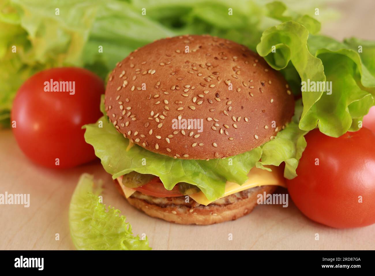 Cheeseburger with chicken cutlet close-up, top view. Burger with cutlet ...
