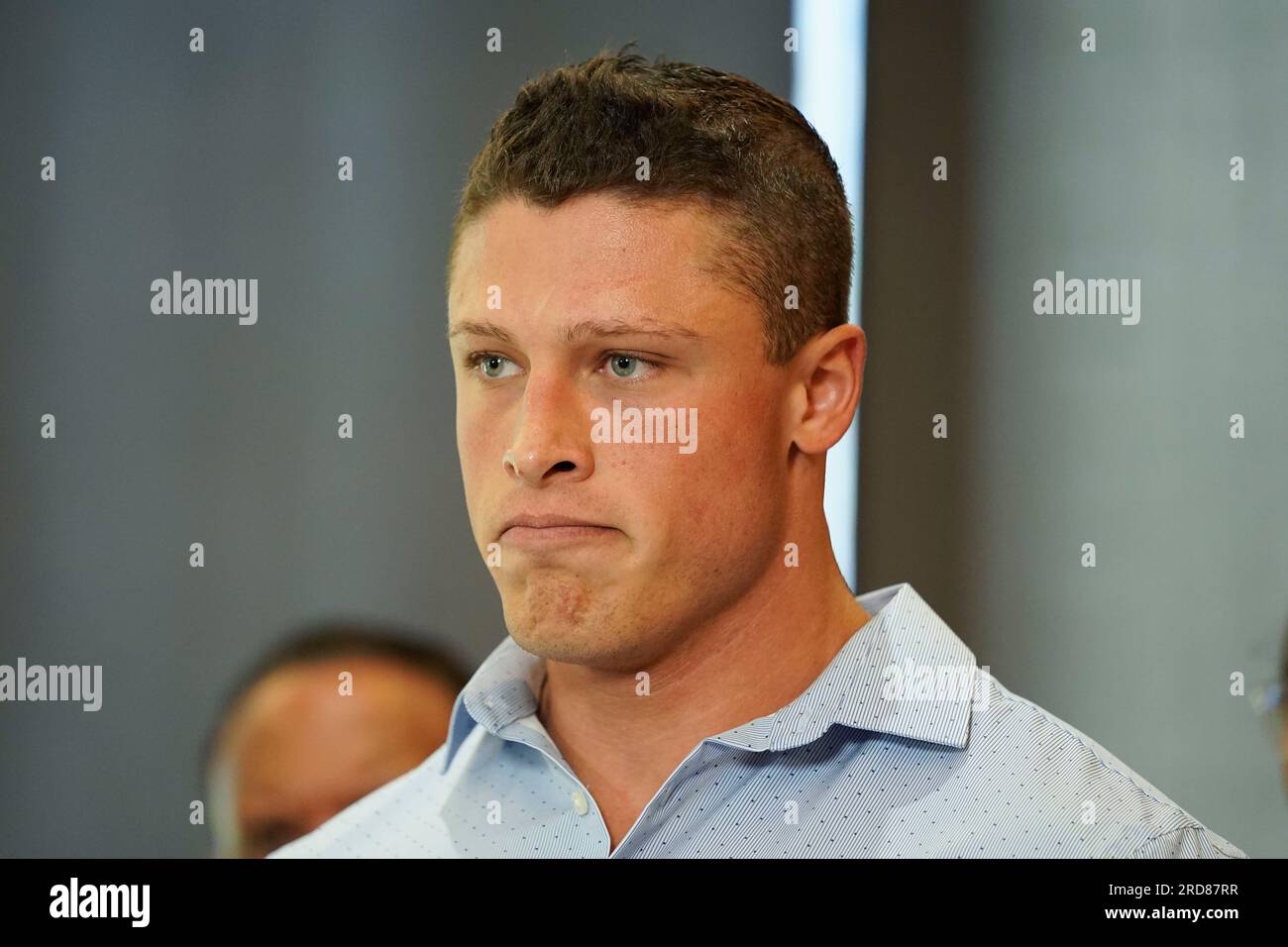 Former Northwestern football player Tom Carnifax speaks during a press ...