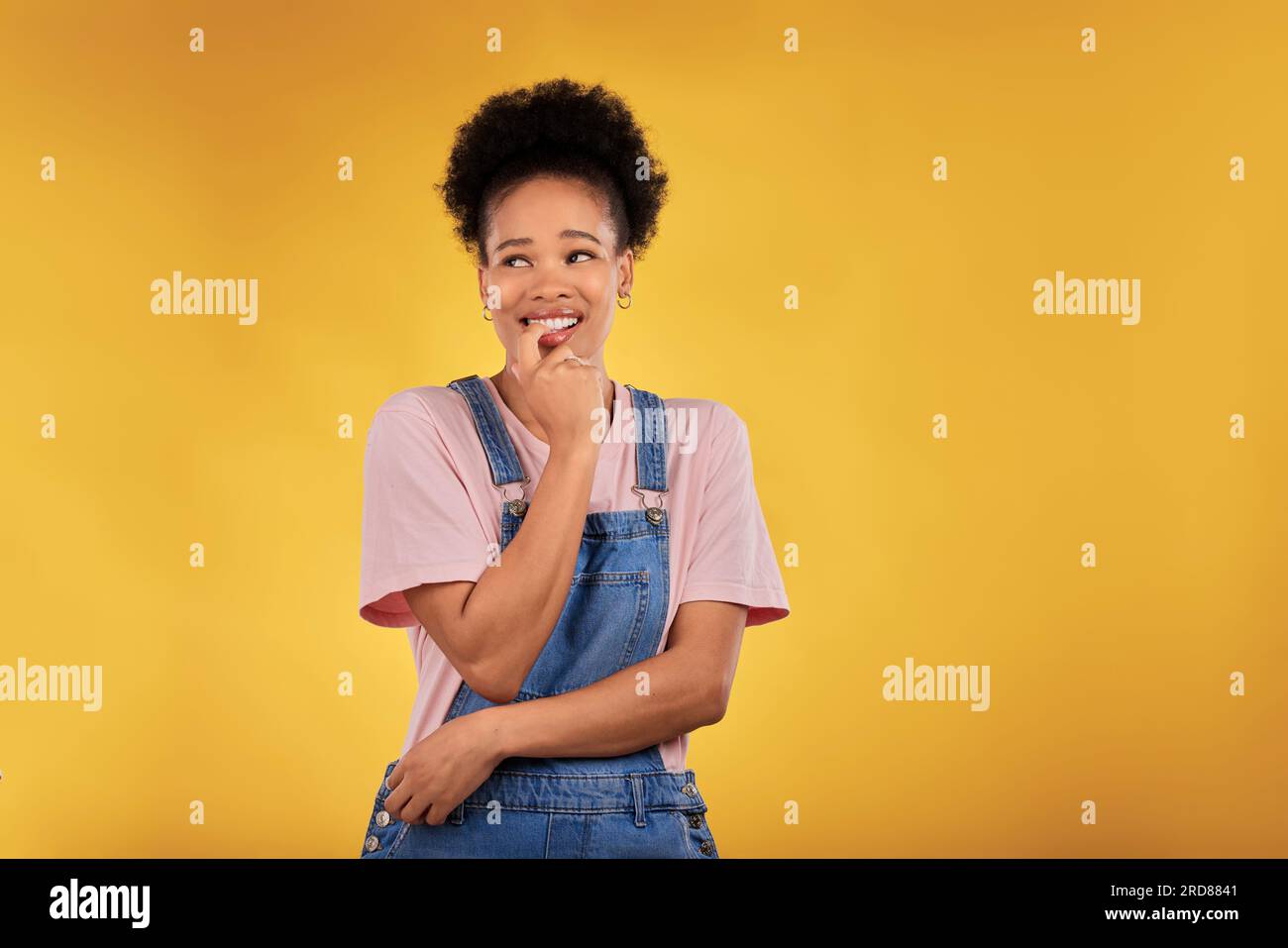 Nervous, black woman and biting nails in studio with oops reaction to ...
