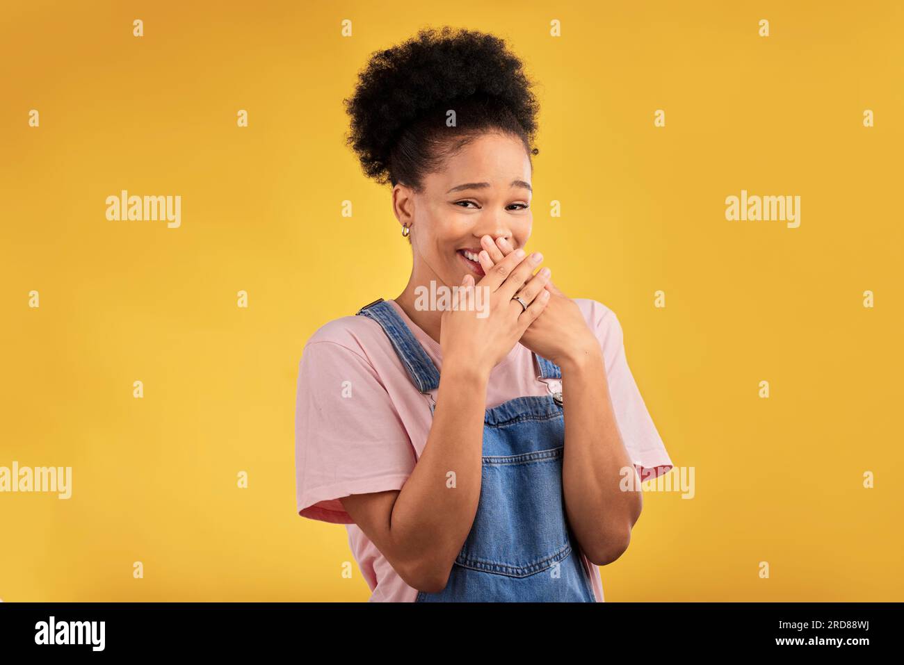 Laughing, funny and portrait of woman with wow reaction to news ...