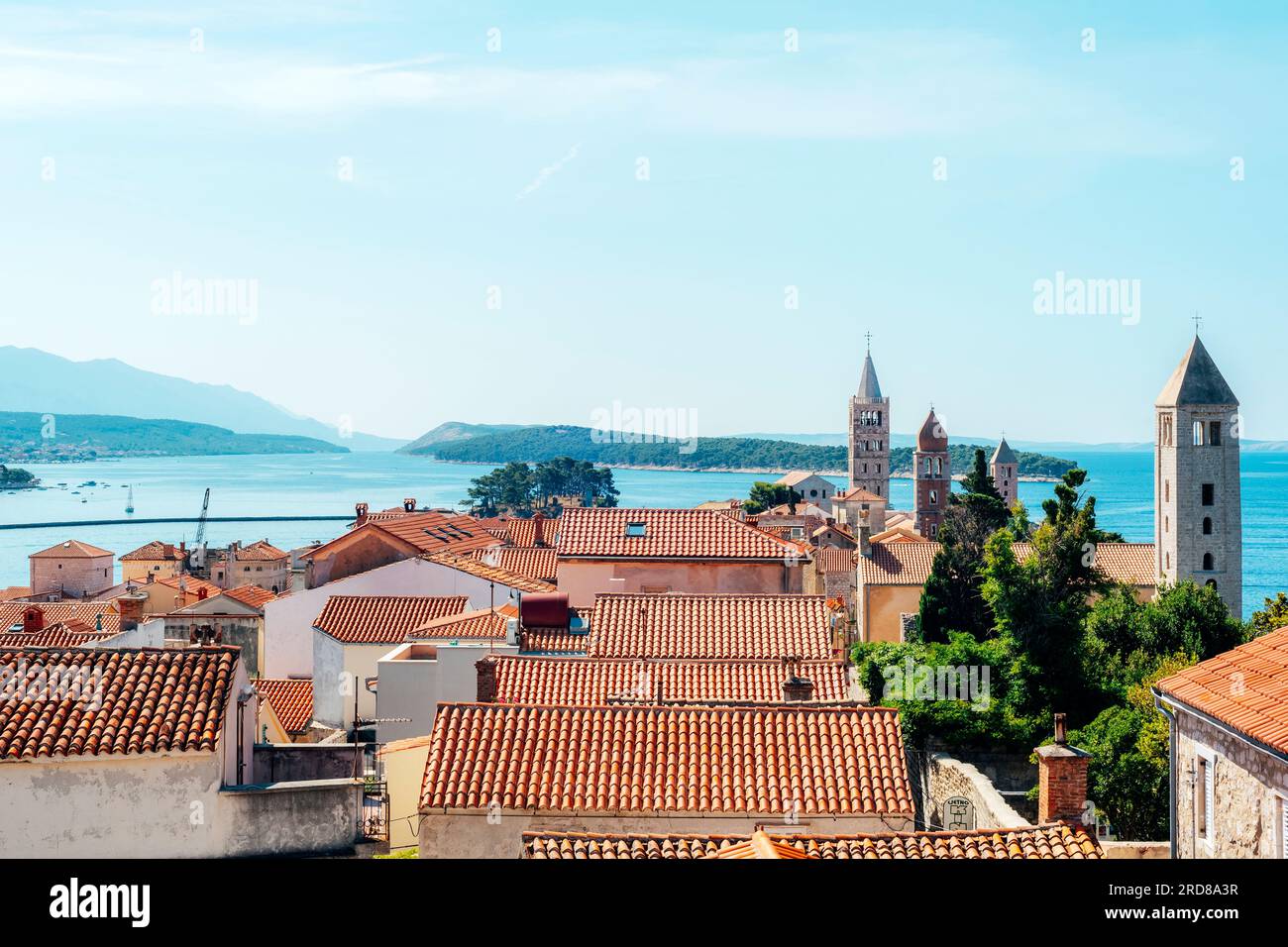 Aerial view of beautiful Rab town with its towers. Rab island, Croatia ...