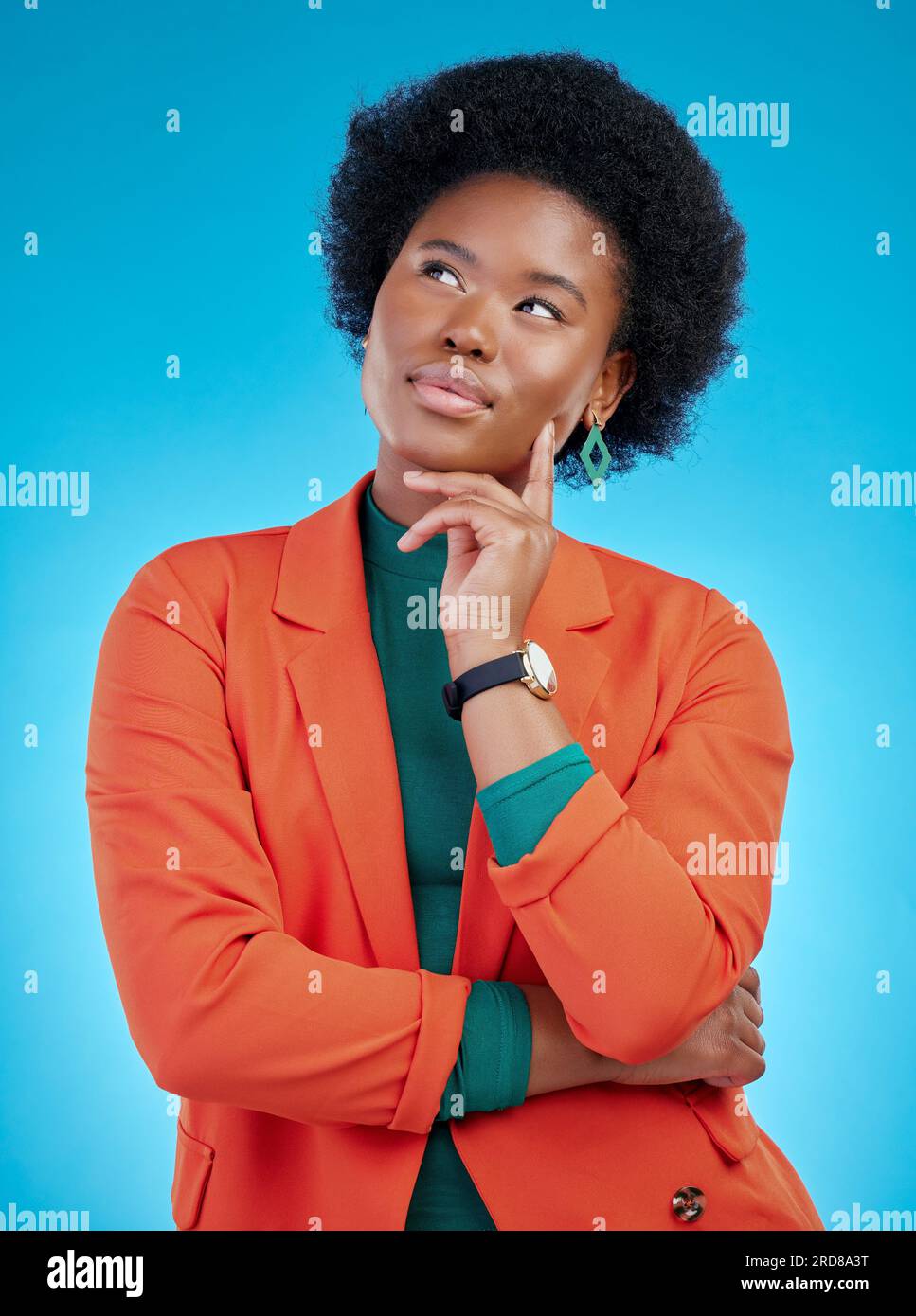 Question, thinking and black woman with a decision, opportunity and ...