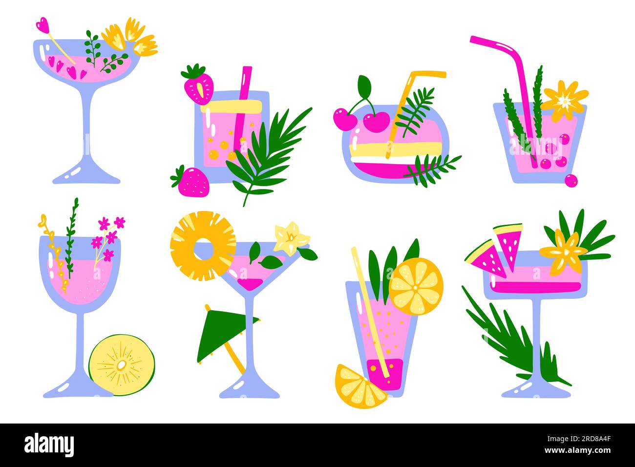 Cartoon tropical cocktails set. Color drinks on white background. Hand ...