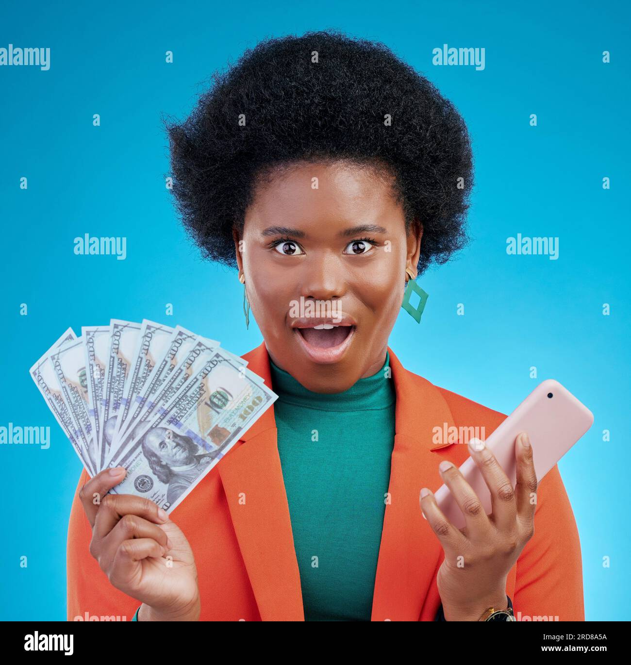 African woman, cash and phone in studio portrait with wow, surprise and ...