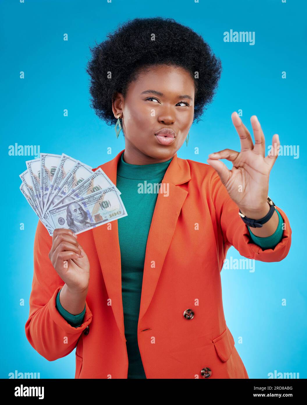 Money, okay sign and woman thinking of success, profit and sales deal ...