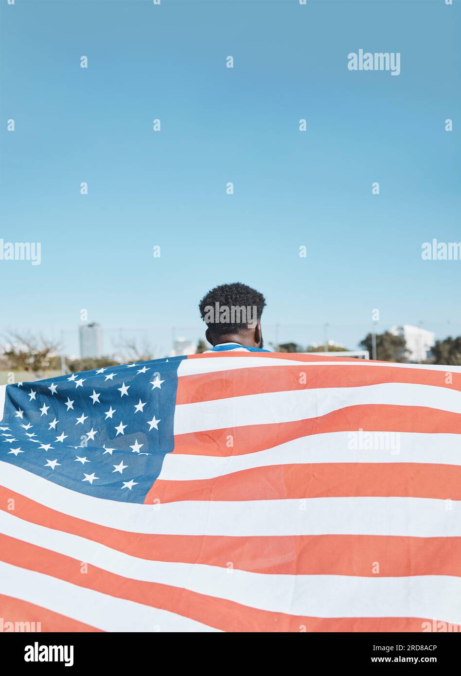 American flag, back and sports man with mockup space on blue sky ...